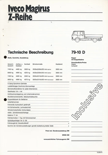IVECO MAGIRUS 79-10 D Kipper Doppelkabine Datenblatt 1984 10/84 Z-Reihe ...