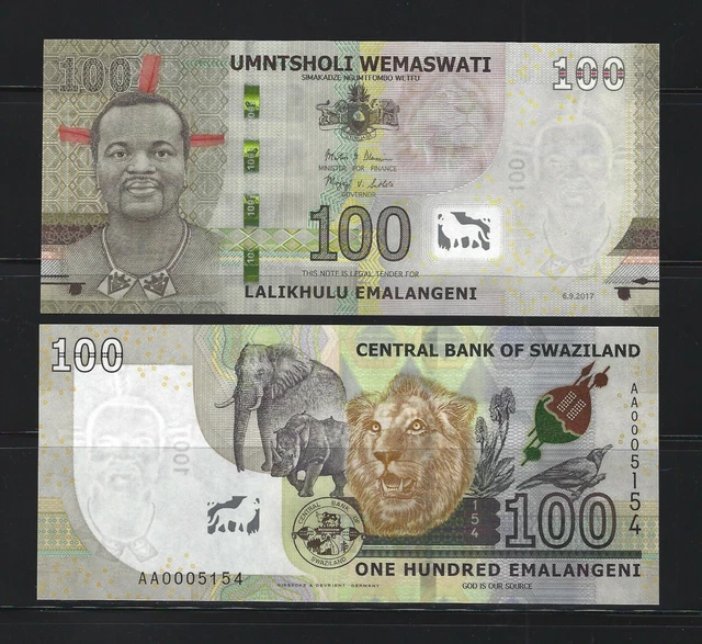 SWASILAND 100 EMALANGENI 2017, P-42, Hybrid Note, AA Präfix niedrig S/N ...