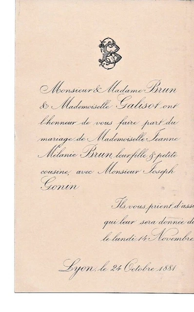 FAIRE-PART MARIAGE 1881 JEANNE BRUN & JOSEPH GONIN LYON EUR 22,00 ...