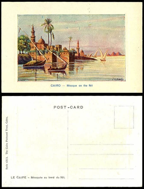 EGYPT JA MIDIADS Artist Old Postcard Cairo Mosque on Nil Nile River ...