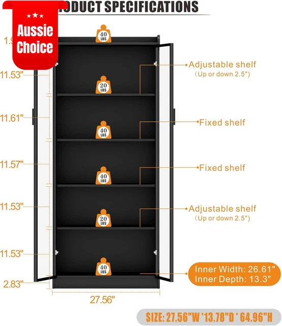 TALL BOOKCASE WITH 2 Doors Adjustable Shelves LED Light Black Storage ...