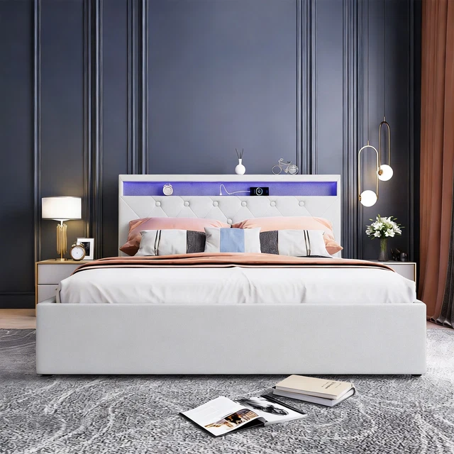 FABRIC LED WHITE STORAGE BED PANEL DOUBLE FRAME Dweepxky NEW ...