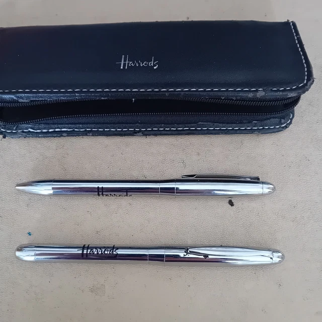HARRODS KNIGHTSBRIDGE LONDON chrome roller and ballpoint pen in leather ...