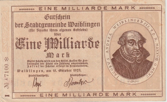 GERMAN-WAILBLINGEN 1 MILLIARDE/BILLION Mark Inflationary Note 1923 XF # ...
