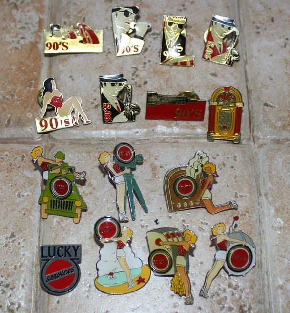 LOT DE 15 PIN'S THEME: 90'S ET LUCKY pas de double avec attaches EUR 5 ...