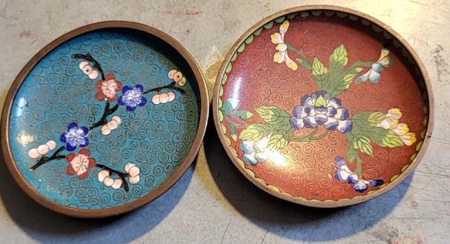 ANTIQUE COPPER-BODIED DISH with painted enamel floral design pair ...
