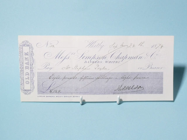 RARE 1874 HANDWRITTEN Cheque from Simpson Chapman & Co. Bankers Whitby ...