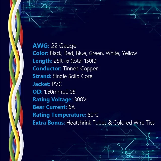 FERMERRY 22 AWG Solid Core Wire Spool 25ft Each 6 Colors Flexible 22 ...