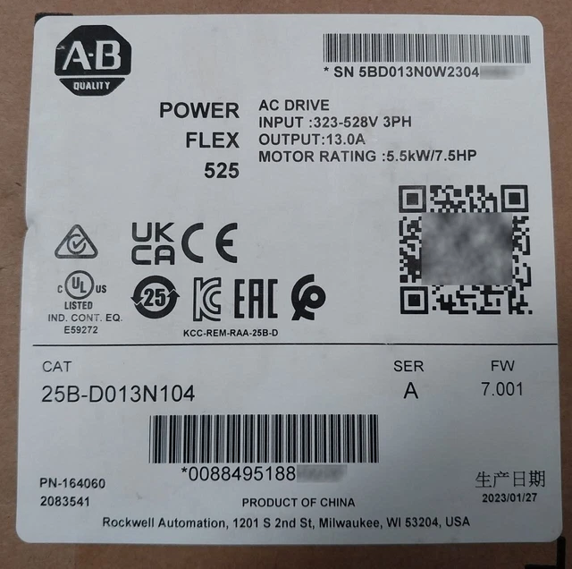 SEALED PACK ALLEN-BRADLEY 25B-D013N104 Ser A PowerFlex 525 AC Drive 5 ...