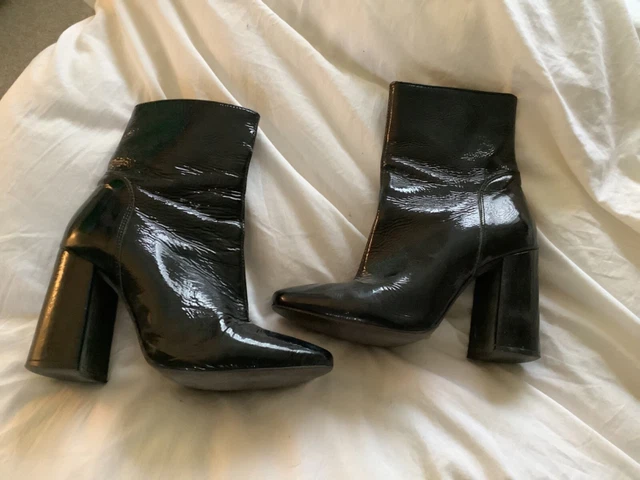 OFFICE BLACK LEATHER Patent Block Heel Ankle Boots Size 3 £0.99 ...
