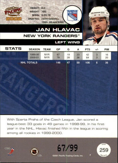 2001-02 PACIFIC HOBBY LTD #259 Jan Hlavac/99 EUR 1,87 - PicClick FR
