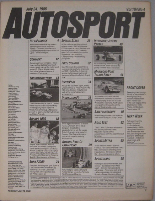 AUTOSPORT MAGAZINE 24 July 1986 featuring Renault GTA V6 Turbo road ...