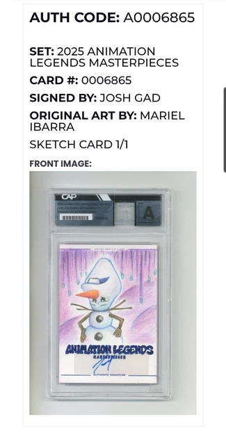 JOSH GAD SIGNED Olaf 2025 Animation Legends Masterpieces 1/1 Sketch ...