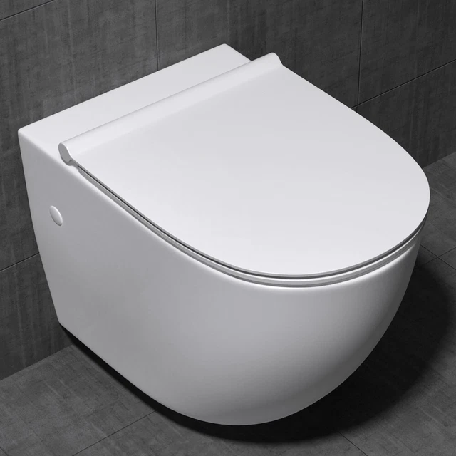 BATHROOM TOILET PAN Ceramic Wall Hung Round WC White + Soft Close Seat ...