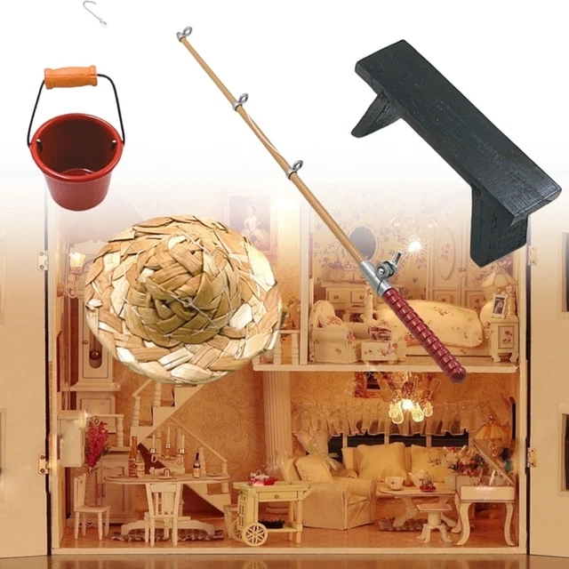 1/12 SCALE MINIATURE Fishing Rod Bucket Chair Hat Model Set Plastic ...