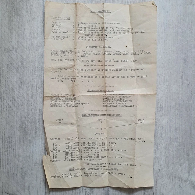 RARE WW2 ALLIED Military phonetic spelling Alphabet Call Sign RT Sheet ...
