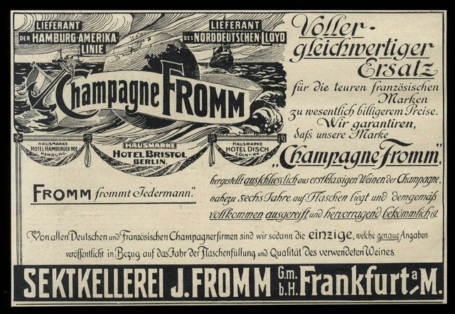 GROSSE ALTE WERBUNG 1908 Champagne Sekt-Kellerei Fromm Hamburg-Amerika ...