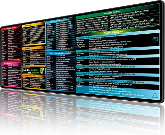 EXCEL CHEAT SHEET Desk Pad, Excel Shortcuts & Functions Mouse Pad ...