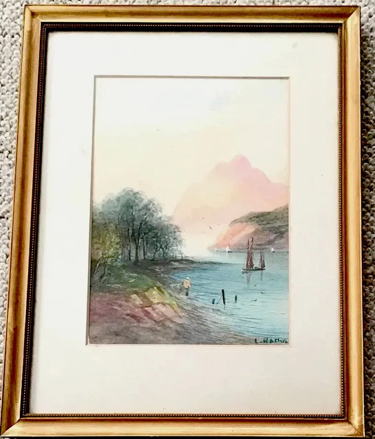 L RAMUS FRÜHES 20. Jahrhundert gerahmte kleine Aquarell-Seeszene mit Bergen EUR 16,59 - PicClick DE