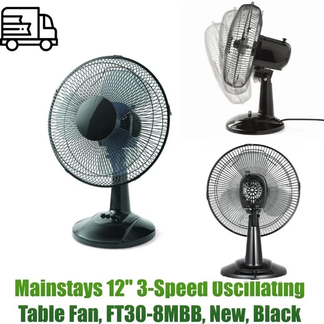 MAINSTAYS 12& 3-SPEED Oscillating Table Fan, FT30-8MBB, New, Black $23. ...
