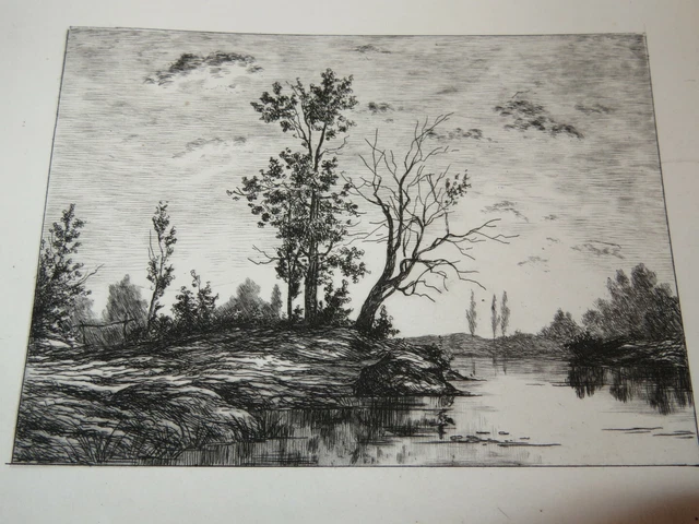 PIERRE VIDAL (1849-1913) GRAVURE EAU FORTE PAYSAGE RIVIERE BARBIZON ...
