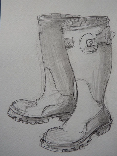 ORIGINAL PENCIL DRAWING sketch of a pair of wellington boots wellies £ ...