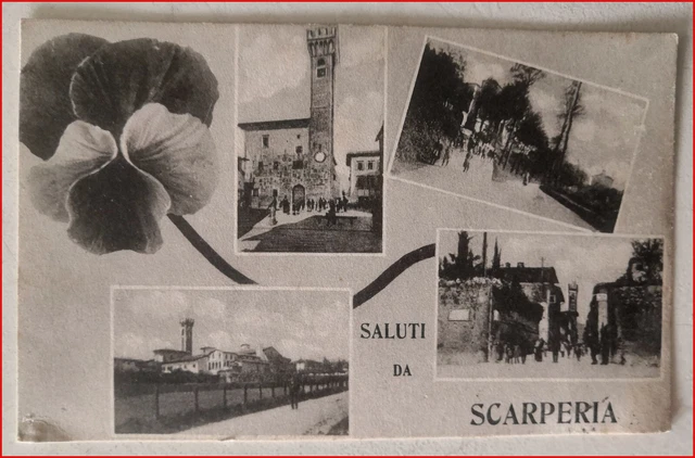 CARTOLINA ANTICA SALUTI da Scarperia vedutine animata Piccola viaggiata ...