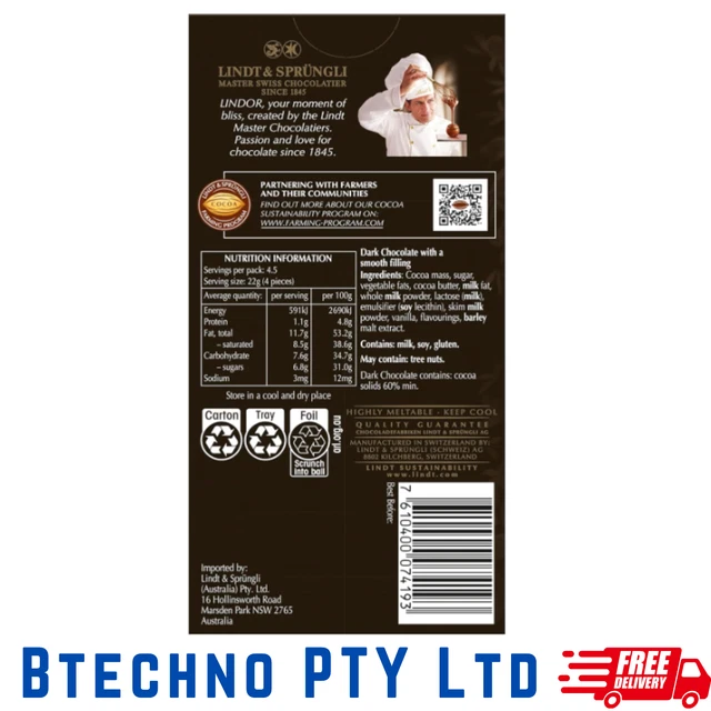 LINDT LINDOR SINGLES 60% Cocoa Dark Chocolate Block 100g (Pack of 3 ...