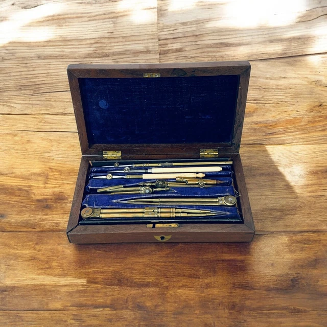 ANTIQUE VICTORIAN GEOMETRY Technical Drawing Instrument Set in Wooden ...