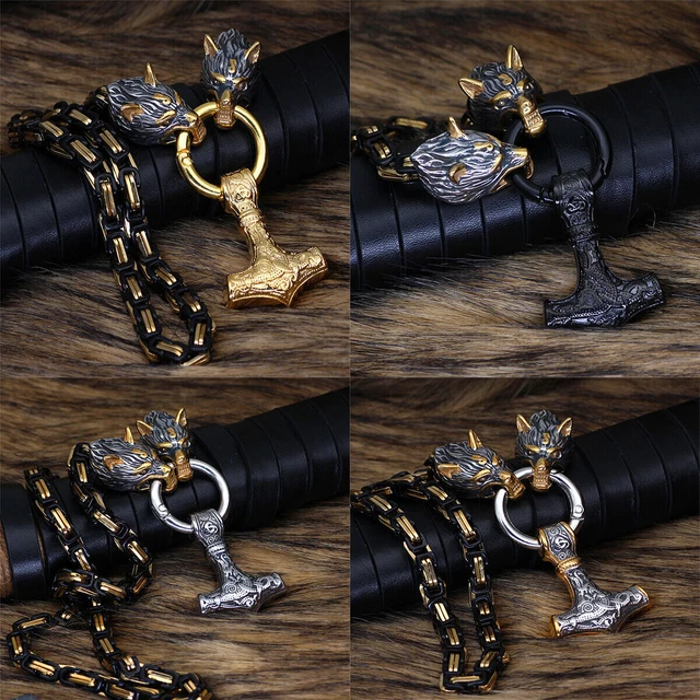 HERREN WIKINGER NORDISCHE Wikinger Wolf & Thor Hammer Kette Anhänger Halskette EUR 27,60 ...