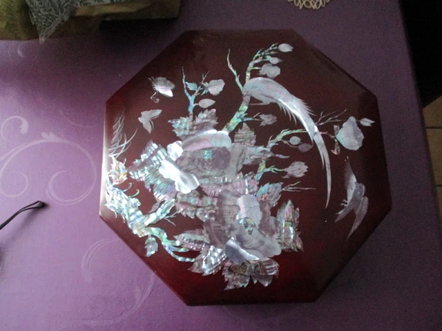 VINTAGE BOITE A Bijoux Octogonale Japonaise Laque Incrustation Nacre ...