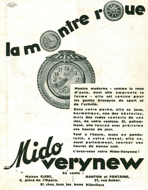 PUBLICITÉ ANCIENNE MIDO Vernew la montre roue 1929 issue de magazine ...