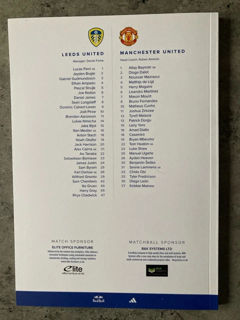 LEEDS UNITED V Man Manchester Utd programme 04/01/2026 Premier League £ ...