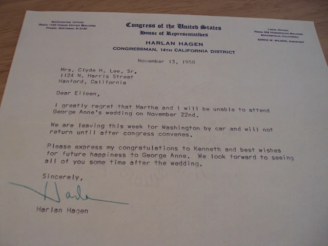 ORIGINAL 1958 'SIGNED LETTER' from HARLAN HAGEN~U.S. House of ...