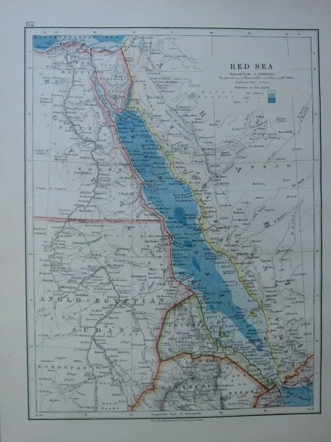 1913 MAPPA RED Sea Anglo Egiziano Sudan Egitto Cairo Arabia Peninsula ...