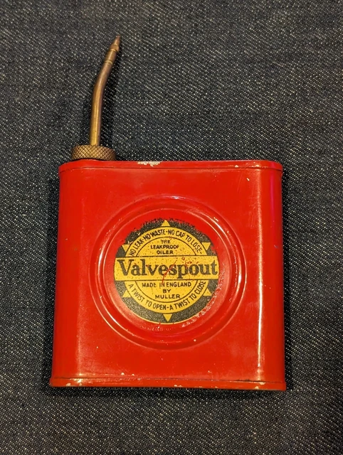 VINTAGE RED 3” Square Rare Valvespout Oiler Brass Spout Oil Can Made ...