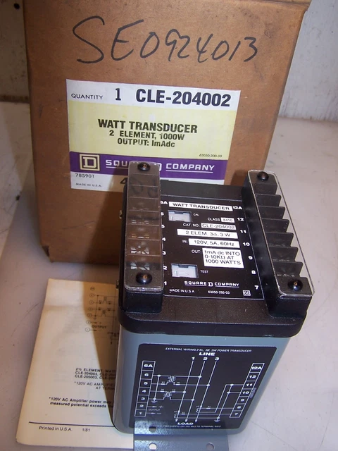 NEW SQUARE D WATT TRANSDUCER 1000W 2 ELEMENT 1mAdc 8410 CLE-204002 ...