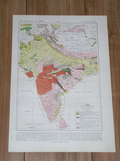 1925 VINTAGE GEOLOGICAL Map Of India Pakistan Himalaya Deccan Plateau ...