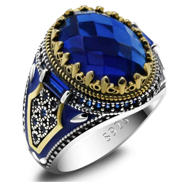 ANELLO UOMO IN Argento 925 Massiccio con Pietra Blu Placcato Oro ...