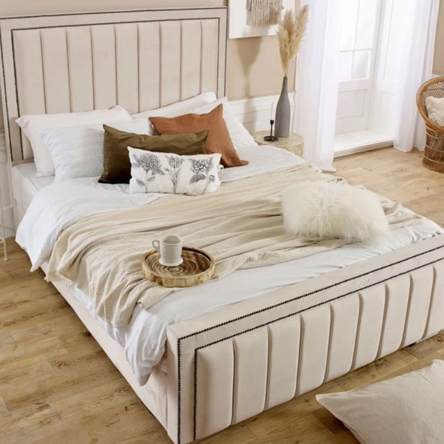 PANEL BED FRAME Plush Velvet Upholstered Ottoman Gas Lift Storage ...