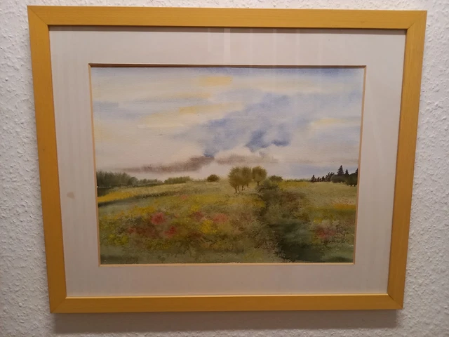 ORIGINAL AQUARELL HANDSIGNIERT, Wiese Landschaft, gerahmt, hinter Glas EUR 9,00 - PicClick DE