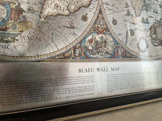 VINTAGE BLAEU WALL Map Silver Foil Map Of World Framed & Glazed £40.00 ...