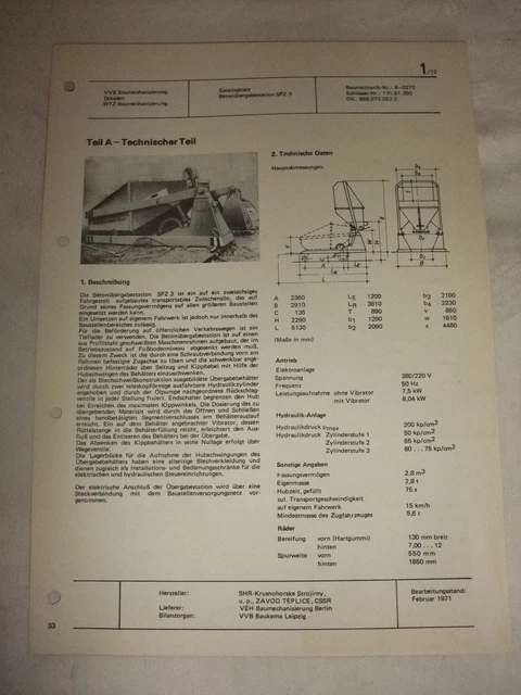 ORIGINAL DDR REKLAME Prospekt Datenblatt Betonübergabestation SPZ 3 ...
