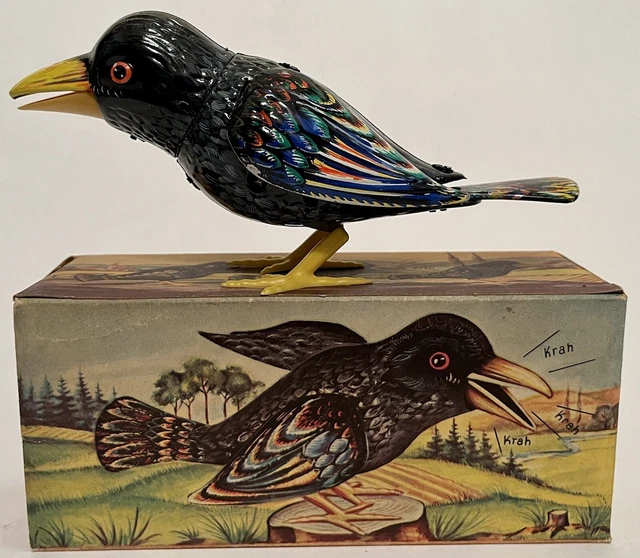 VINTAGE WIND UP Toy Bird Crow Flap Wing Move Tail Caw Kohler W Germany ...
