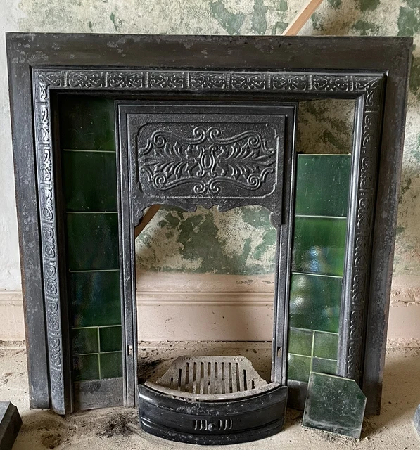 ANTIQUE CAST IRON Victorian Fire Surround With Gorgeous Green Tiles ...