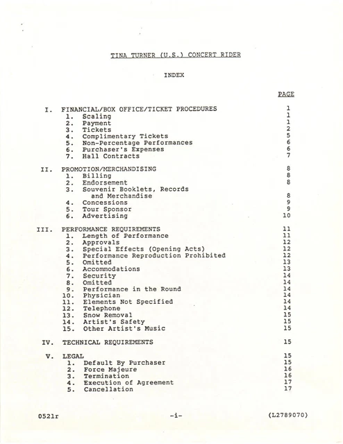 TINA TURNER CONCERT Production Rider 1987 "BREAK EVERY RULE" US Tour 53 ...