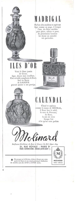 PUBLICITE ADVERTISING 1954 MOLINARD parfum MADRIGAL CALENDAL ILES D'OR ...