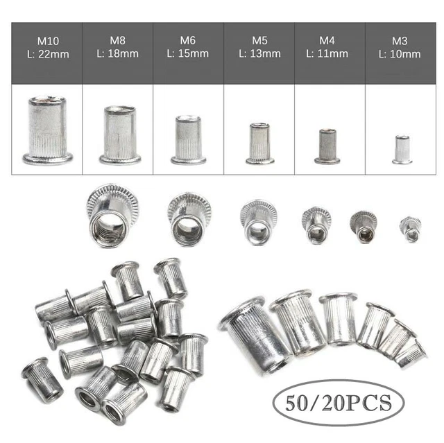 50/20X M3/M4/M5/M6/M8/M10 THREADED Aluminum Flat Head Rivet Nut Inserts ...