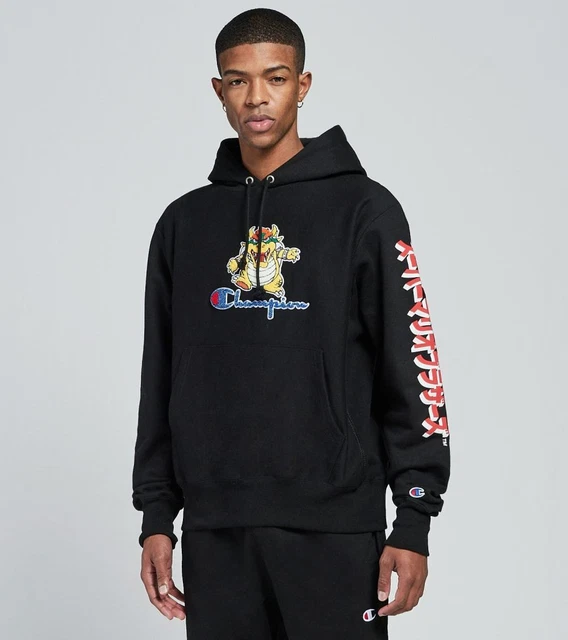 CHAMPION X SUPER Mario Reverse Weave Bowser Kanji Black Hoodie Sz ...