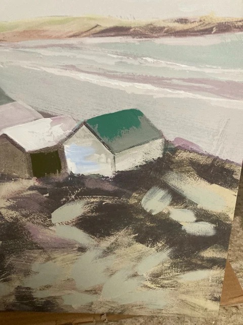 ORIGINAL OIL PAINTING on Canvas Beach Huts by the Sea - 50 x 50 cm Wall ...